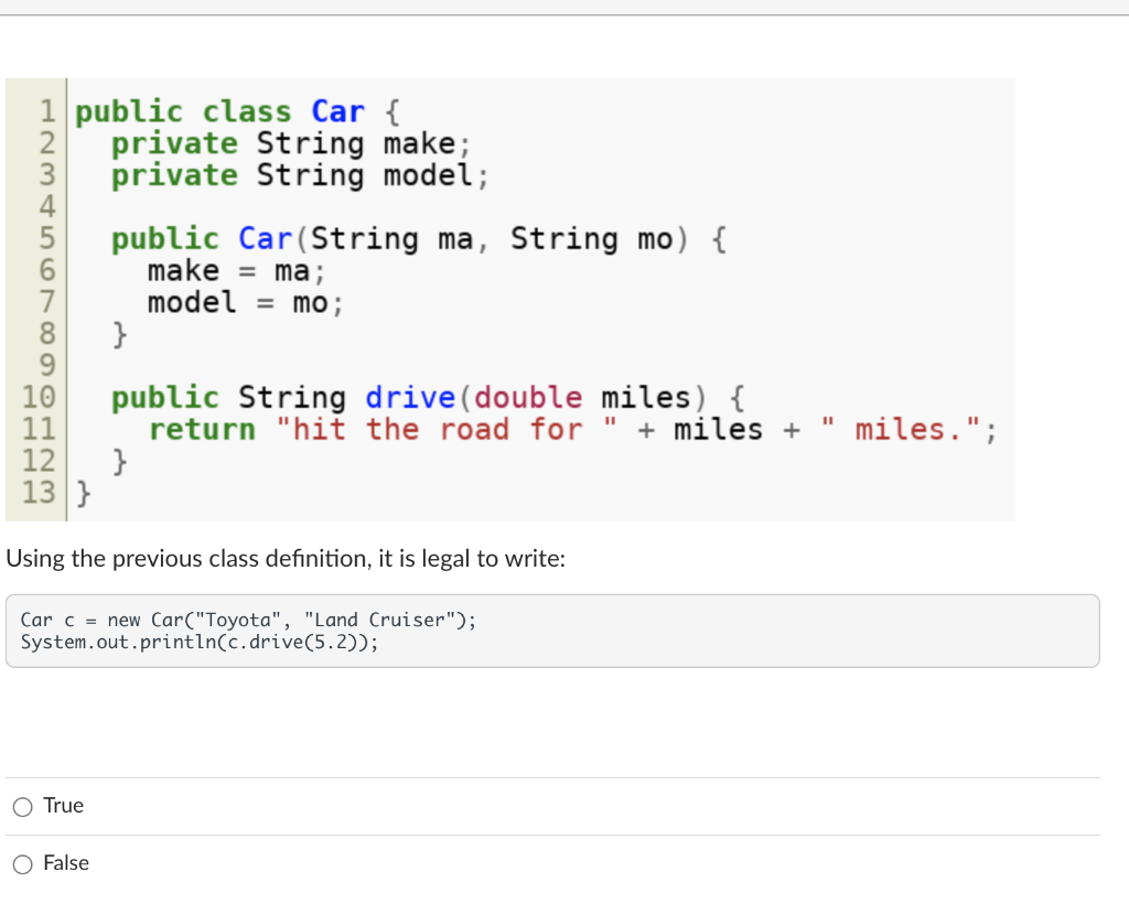 Solved \begin{tabular}{r|r} 1 & public class Car \{ \\ 2 & | Chegg.com