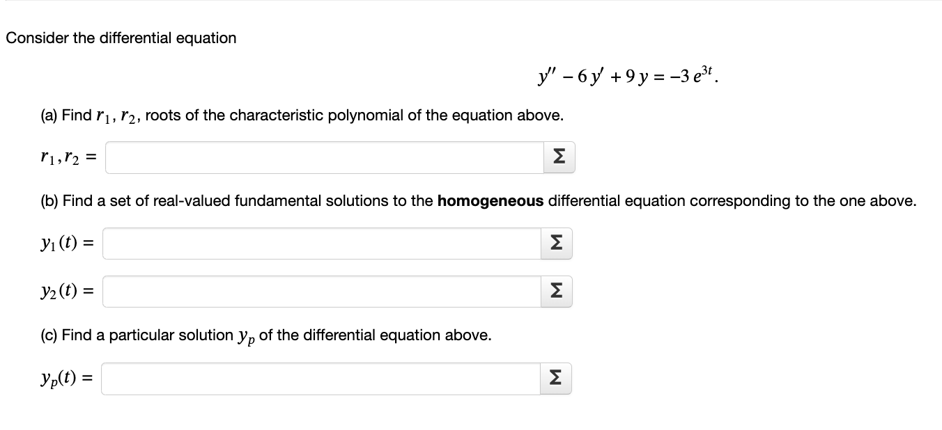 Solved Consider the differential equation y′′−6y′+9y=−3e3t | Chegg.com
