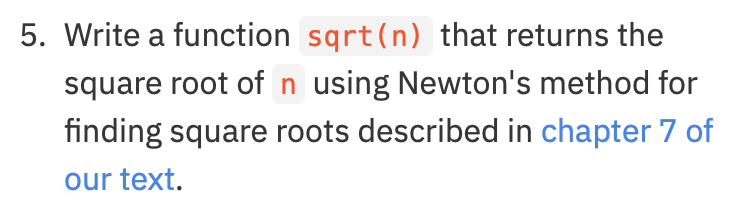 Solved 5. Write a function sqrt(n) that returns the square | Chegg.com