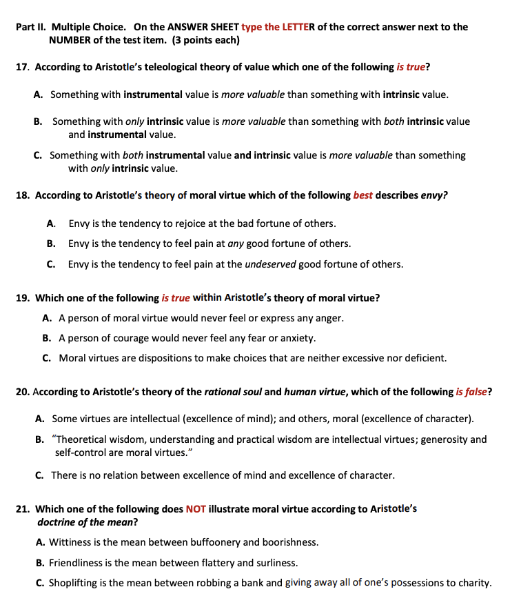 Part II. Multiple Choice. On the ANSWER SHEET type | Chegg.com