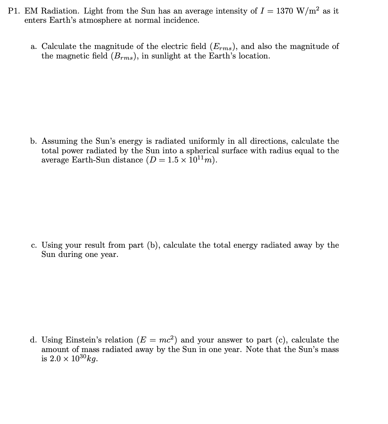 Solved P1. EM Radiation. Light from the Sun has an average | Chegg.com