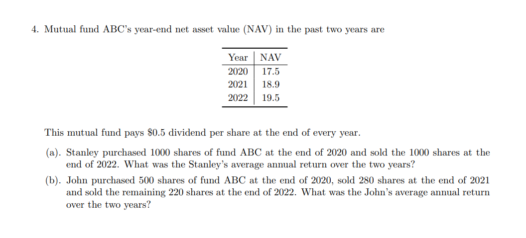 Solved 4. Mutual fund ABC's year-end net asset value (NAV) | Chegg.com