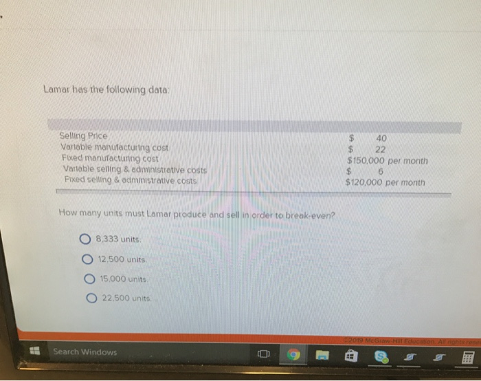 Solved Lamar has the following data: Selling Price Variable | Chegg.com