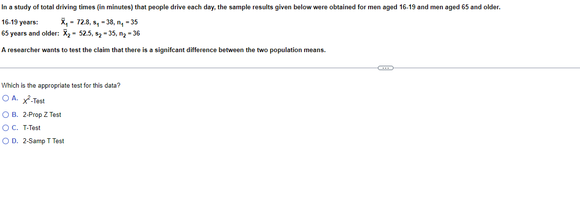 Solved 16-19 years: Xˉ1=72.8, s1=38,n1=35 65 years and | Chegg.com