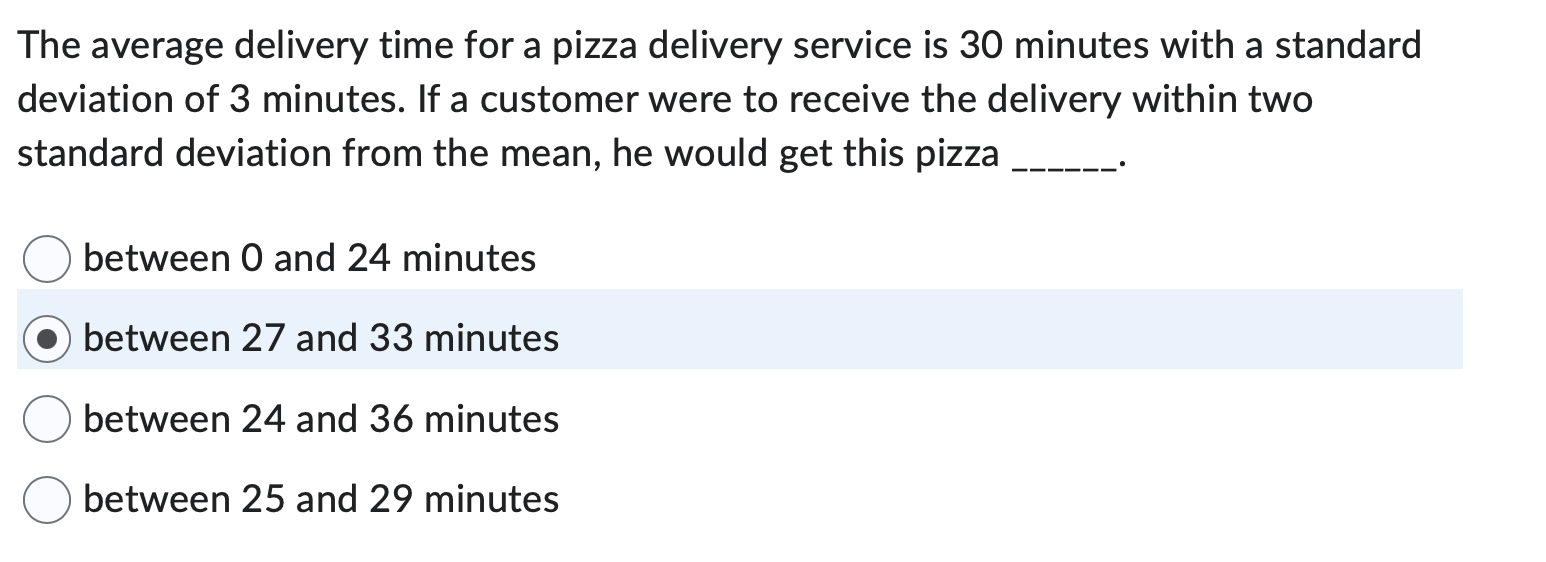 Solved The average delivery time for a pizza delivery | Chegg.com