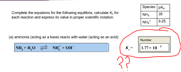 Solved Species pKa NH3 35 NH4 9.25 Complete the equations | Chegg.com