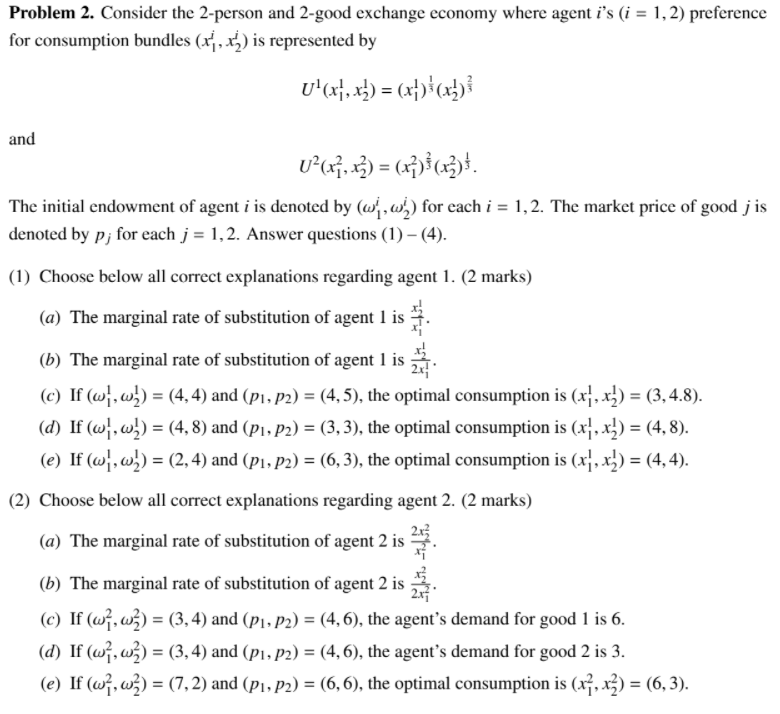 Solved Problem 2. Consider the 2-person and 2-good exchange | Chegg.com