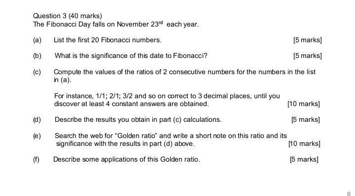 Solved Question 3 (40 marks) The Fibonacci Day falls on | Chegg.com