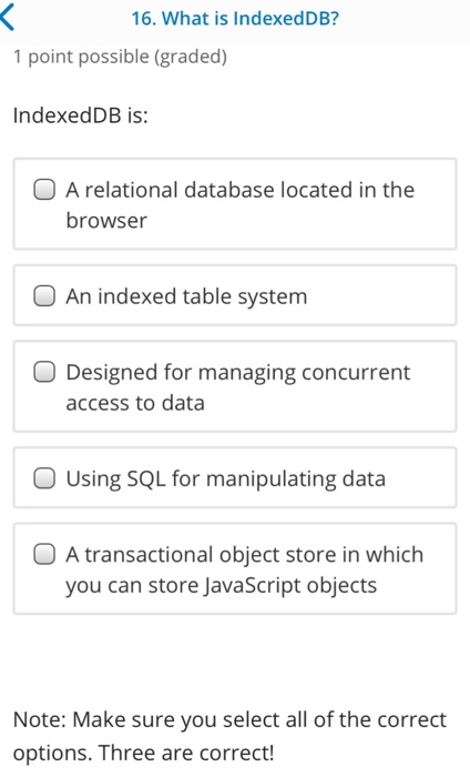 Solved 16. What is IndexedDB? 1 point possible (graded) | Chegg.com