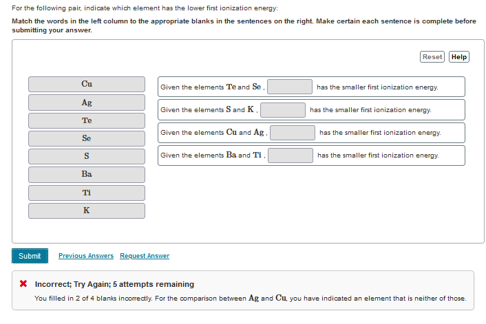 Solved For the following pair, indicate which element has | Chegg.com