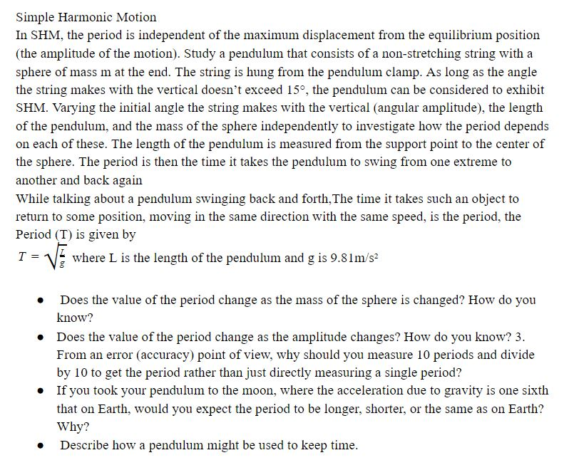 Solved Simple Harmonic Motion In SHM, the period is | Chegg.com