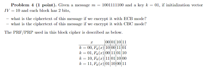 Solved Problem 4 (1 point). Given a message m = 1001111100 | Chegg.com