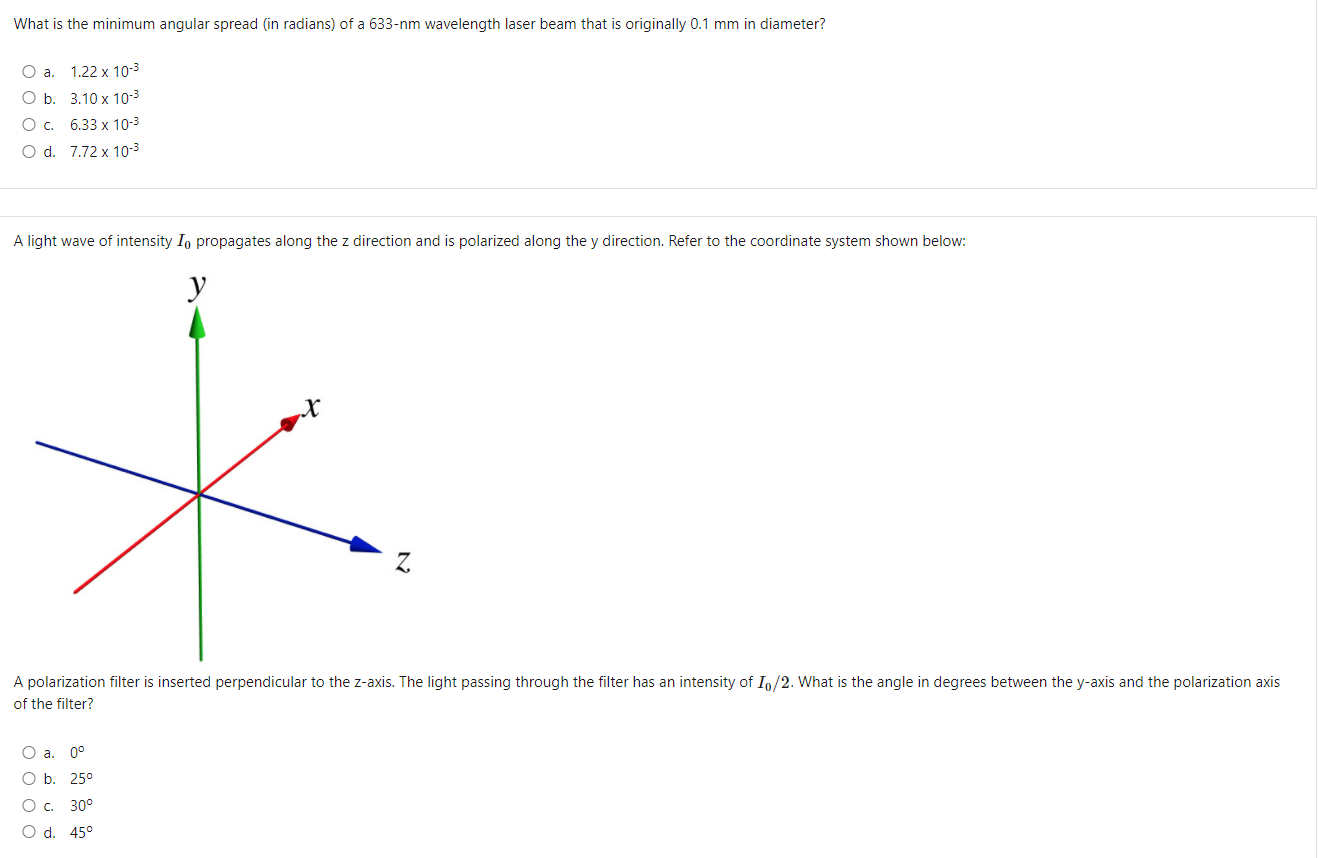 Solved What is the minimum angular spread (in radians) of a | Chegg.com