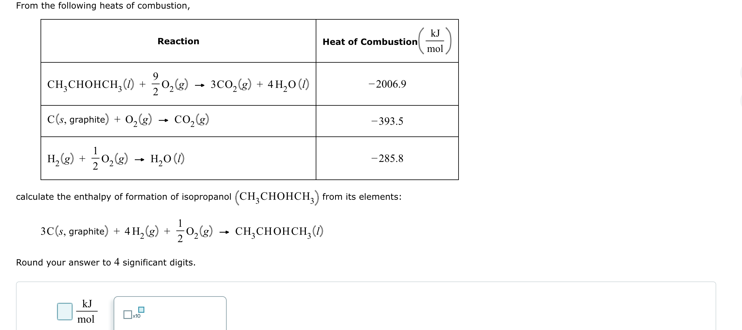 Solved calculate the enthalpy of formation of isopropanol | Chegg.com