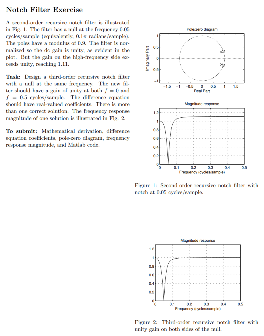 Solved Notch Filter Exercise A second-order recursive notch | Chegg.com