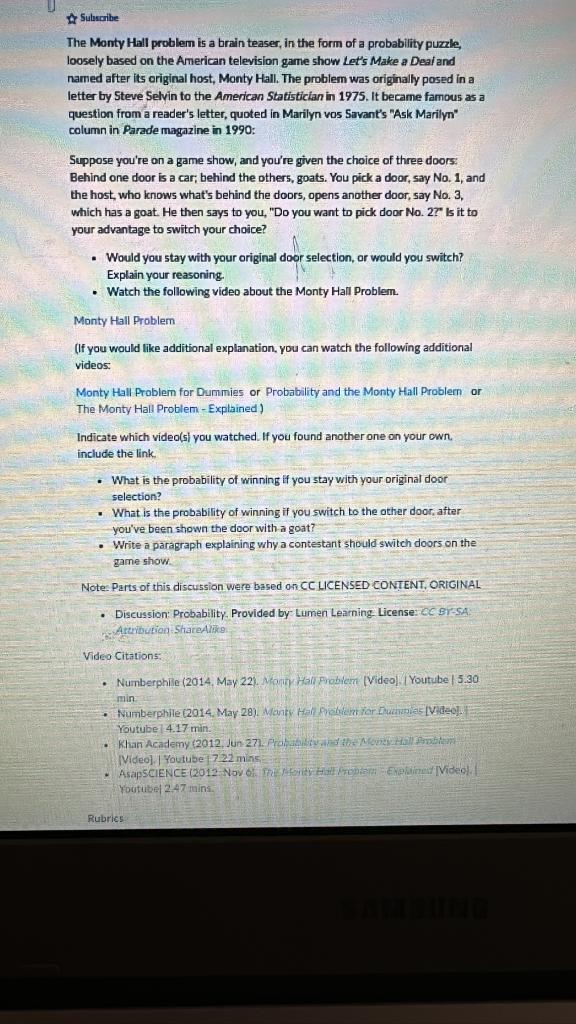 Subscribe The Monty Hall problem is a brain teaser, | Chegg.com