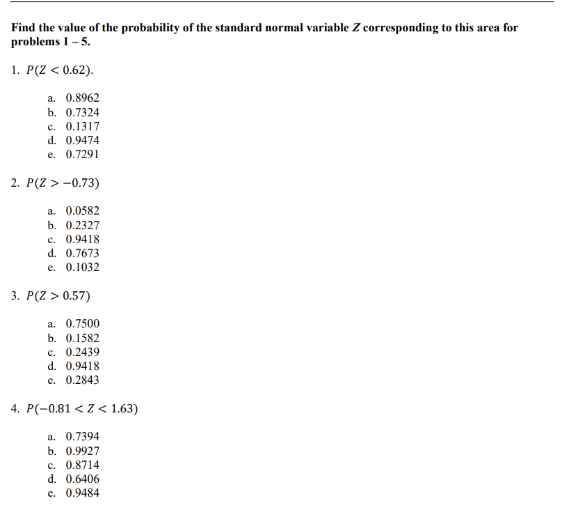Solved Find the value of the probability of the standard | Chegg.com