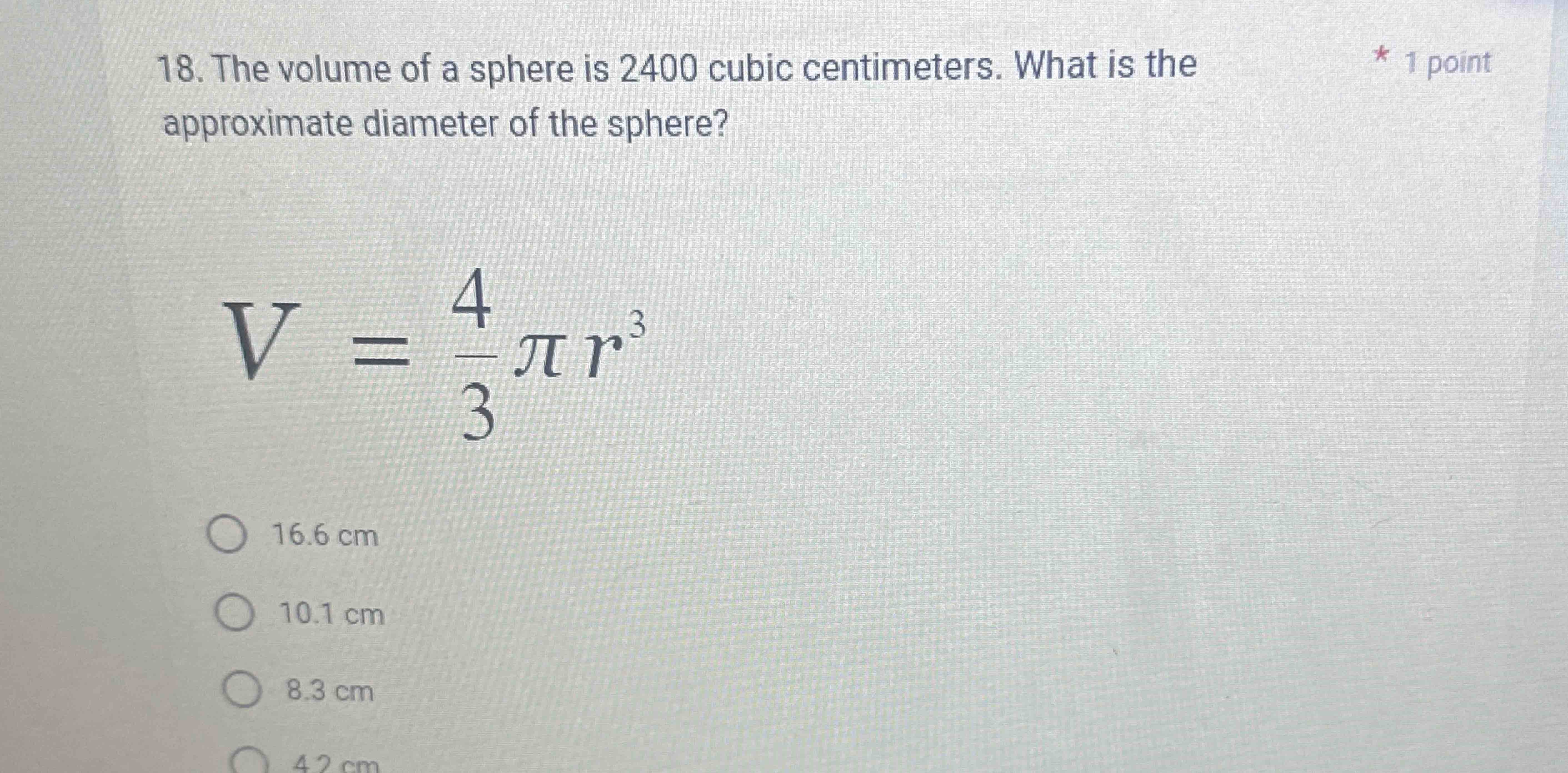 Solved The volume of a sphere is 2400 ﻿cubic centimeters. | Chegg.com