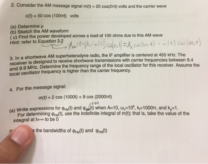 Solved 2. Consider the AM message signal m(t) = 20 cos(2m) | Chegg.com