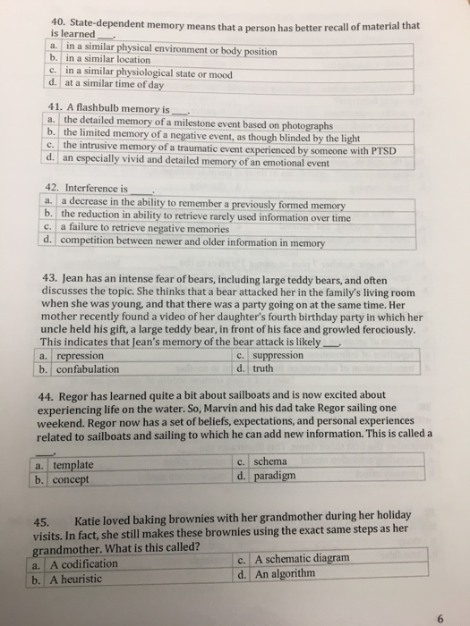 Solved 40. State-dependent memory means that a person has | Chegg.com