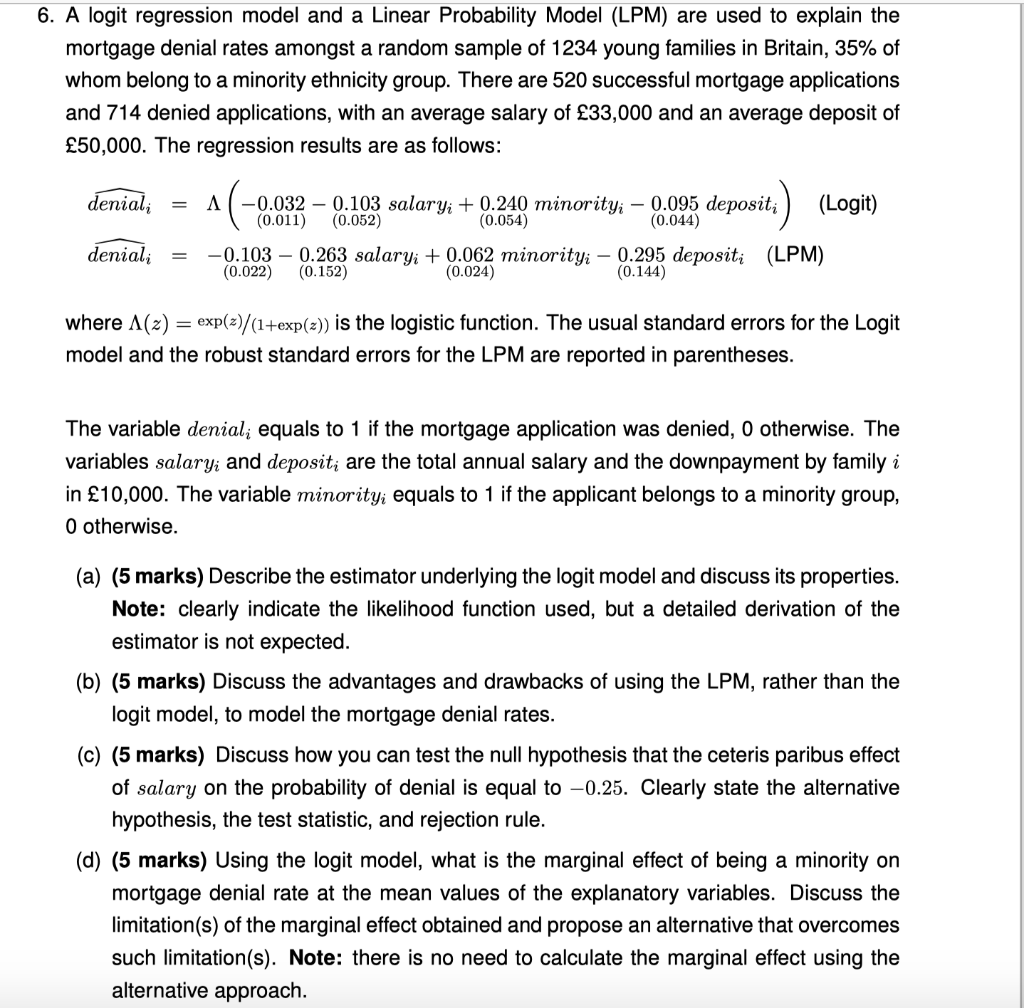 6. A logit regression model and a Linear Probability | Chegg.com