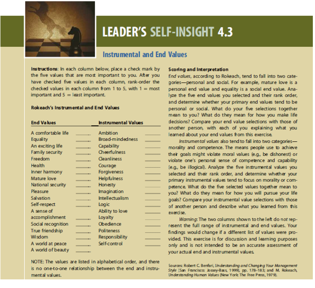 LEADER'S SELF-INSIGHT 4.3 Instrumental and End Values | Chegg.com