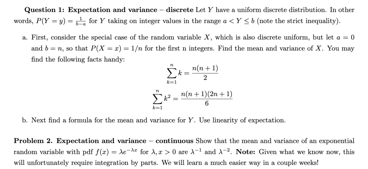 Solved Question 1: Expectation and variance - discrete Let Y | Chegg.com