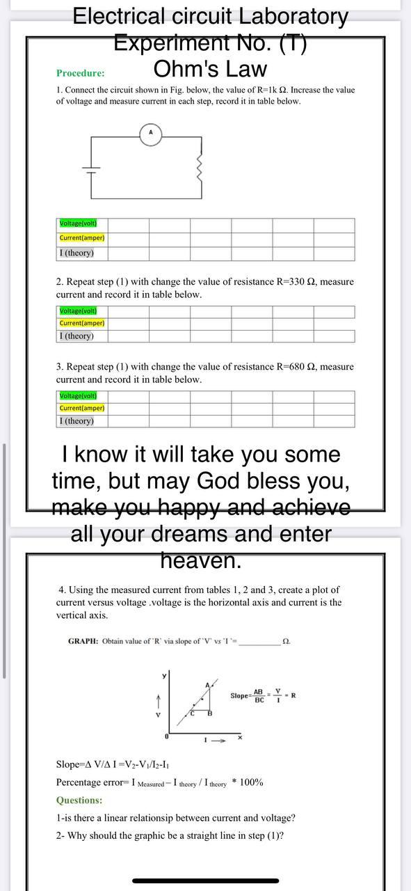 Solved Electrical circuit Laboratory Experiment No. (T) | Chegg.com