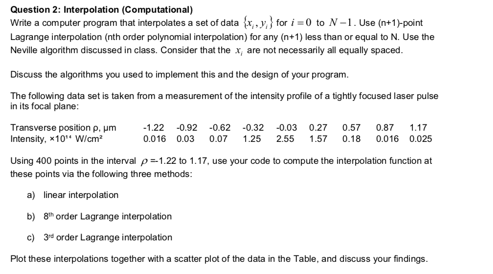 Question 2: Interpolation (Computational) Write a | Chegg.com