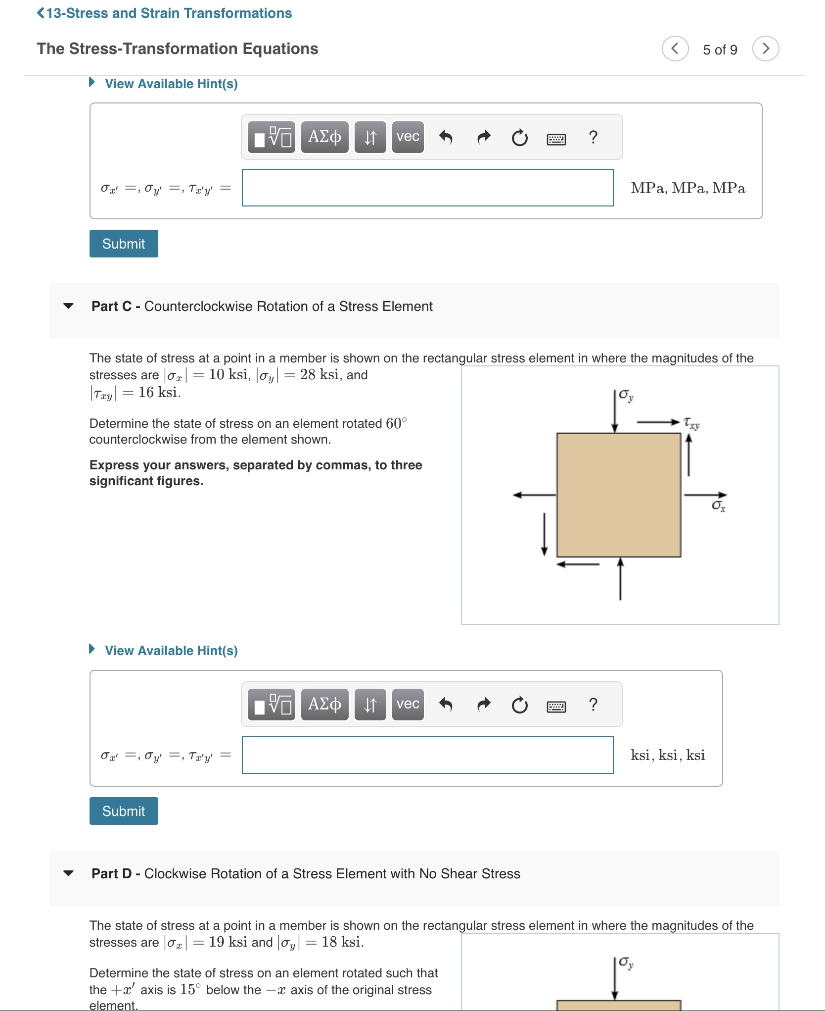 Solved Part D - Clockwise Rotation of a Stress Element with | Chegg.com