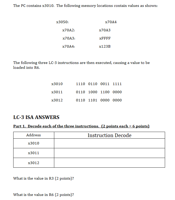 Solved The PC contains x3010. The following memory locations | Chegg.com