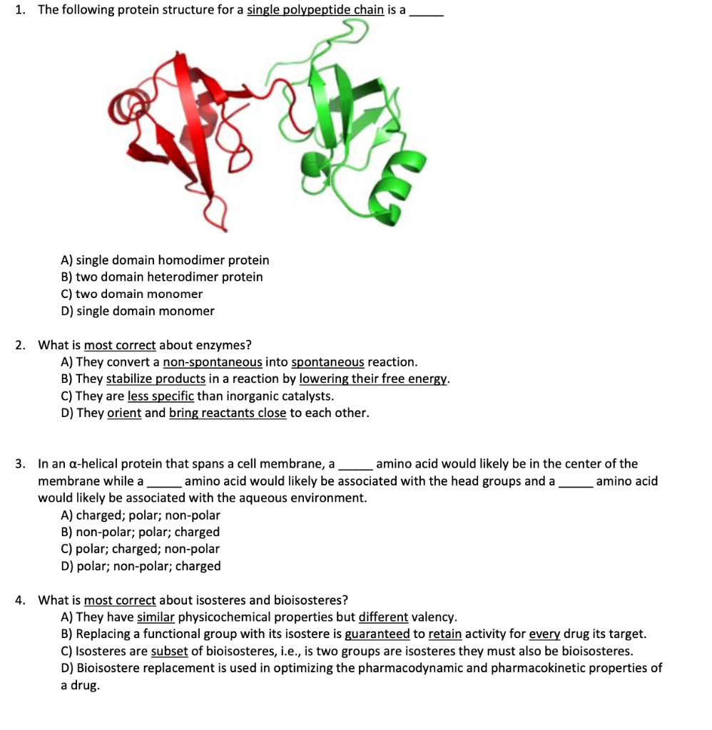 Solved 1. The following protein structure for a single | Chegg.com
