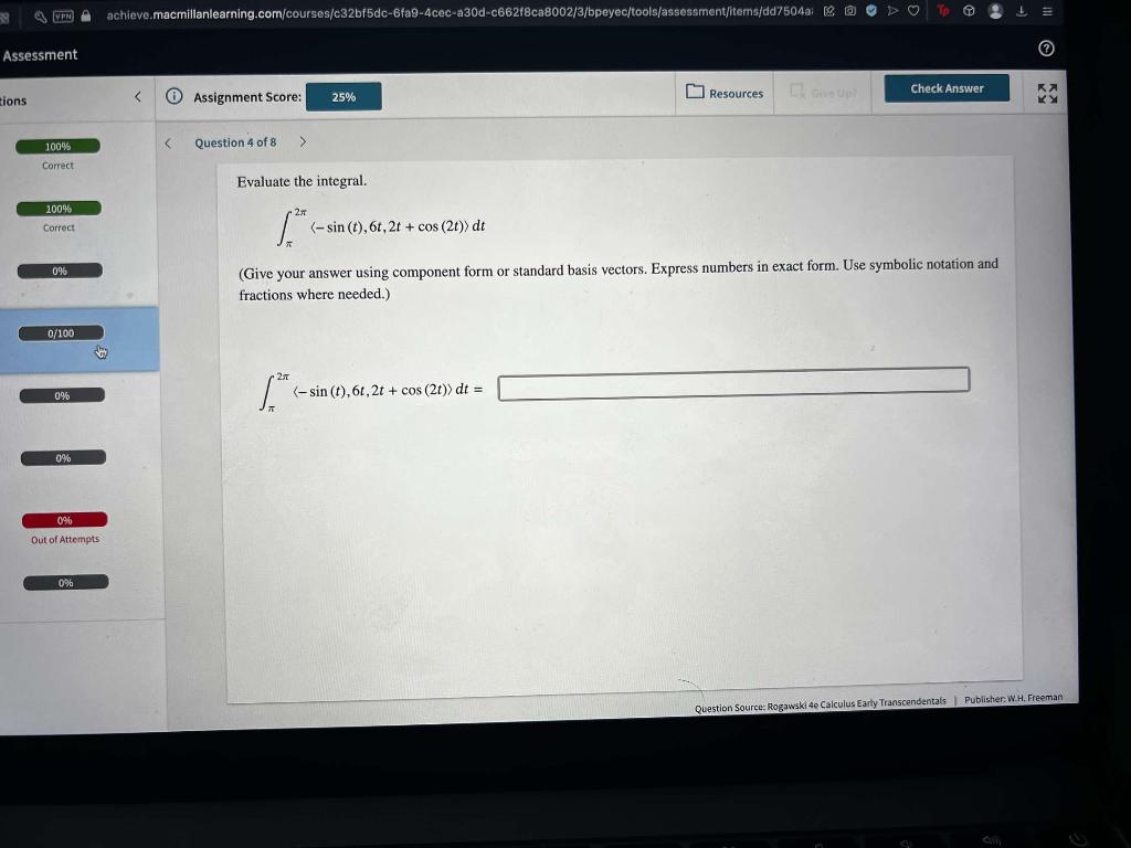 Solved Evaluate the integral. ∫π2π −sin(t),6t,2t+cos(2t) dt | Chegg.com