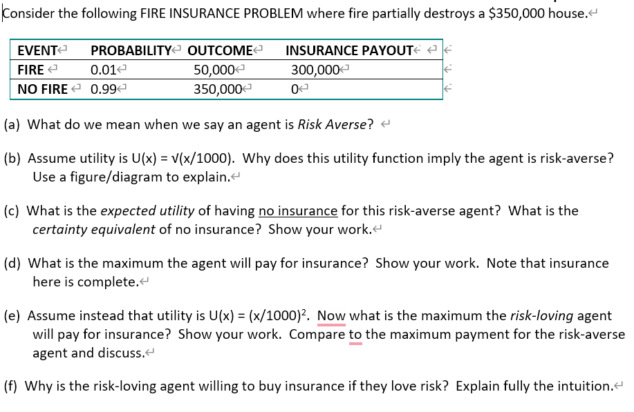 Solved Consider the following FIRE INSURANCE PROBLEM where | Chegg.com