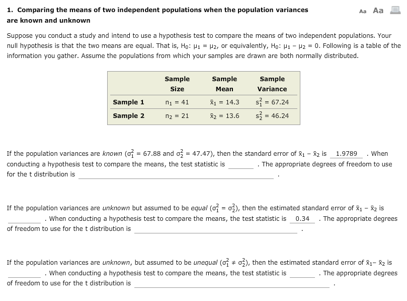 Solved comparing the means of two independent population | Chegg.com
