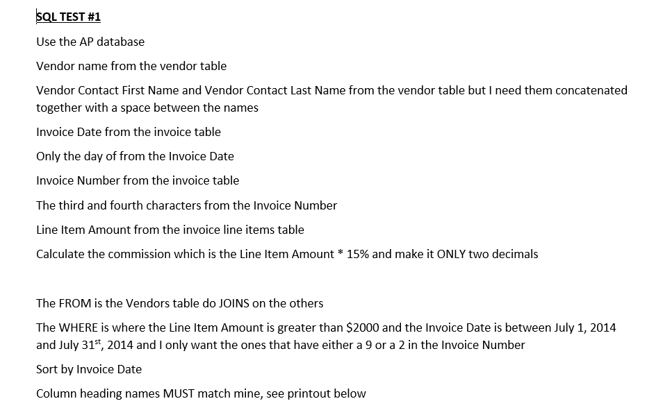 Solved SQL TEST #1 Use the AP database Vendor name from the | Chegg.com
