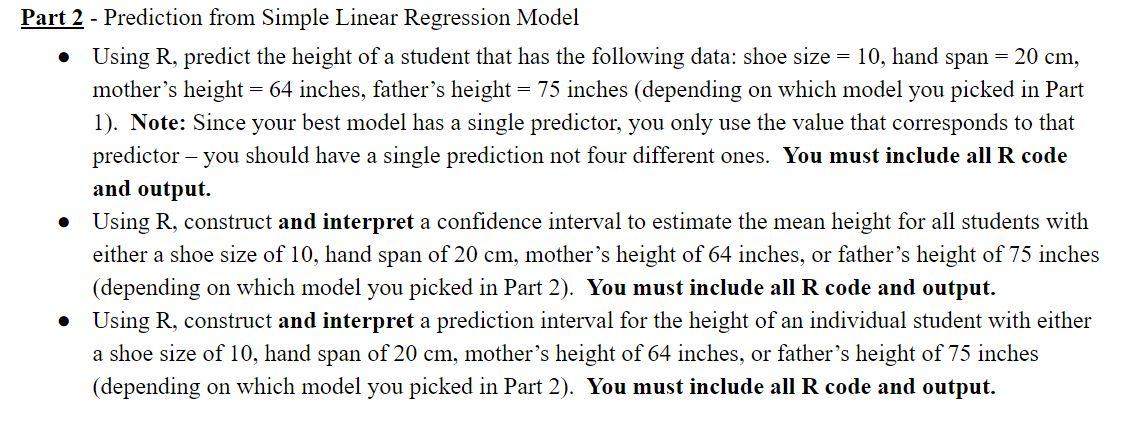 Part 2 - Prediction from Simple Linear Regression | Chegg.com