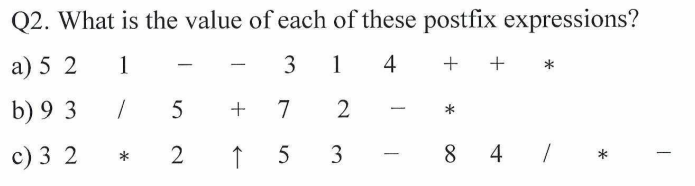 Solved Q2. What is the value of each of these postfix | Chegg.com
