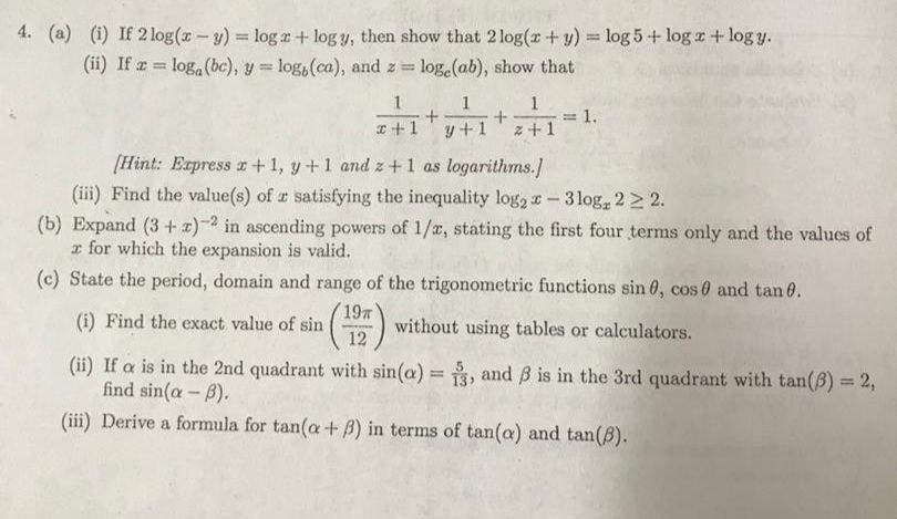 Solved 4. (a) (i) If 2 log(x - y) = log 2 + logy, then show | Chegg.com