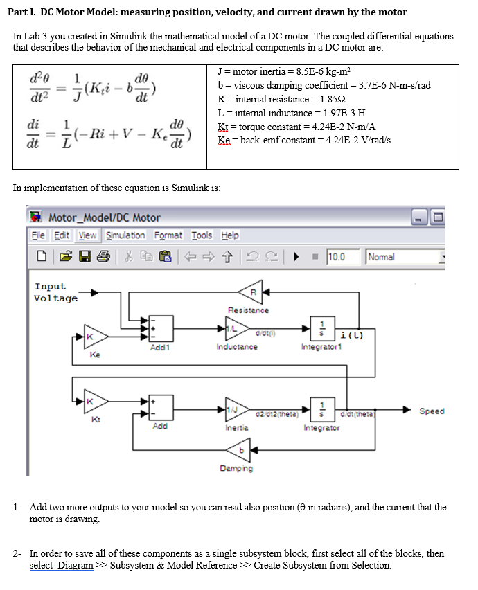 Solved Part I. DC Motor Model: measuring position, velocity, | Chegg.com