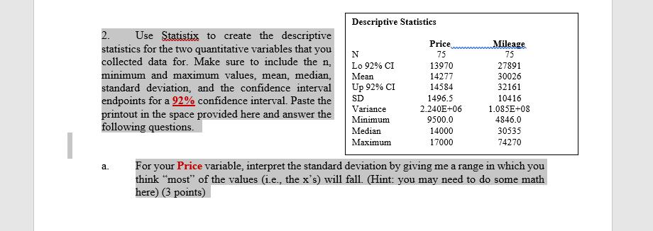 Solved Descriptive Statistics 2. Use Statistix to create the | Chegg.com