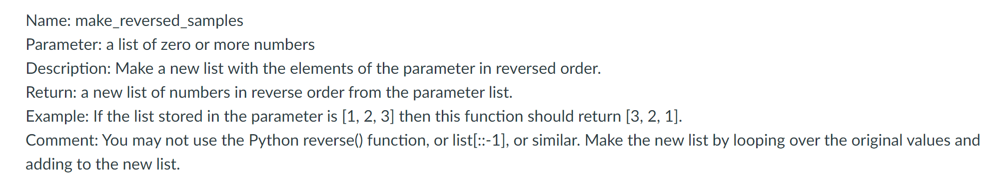Solved Name: make_reversed_samples Parameter: a list of zero | Chegg.com