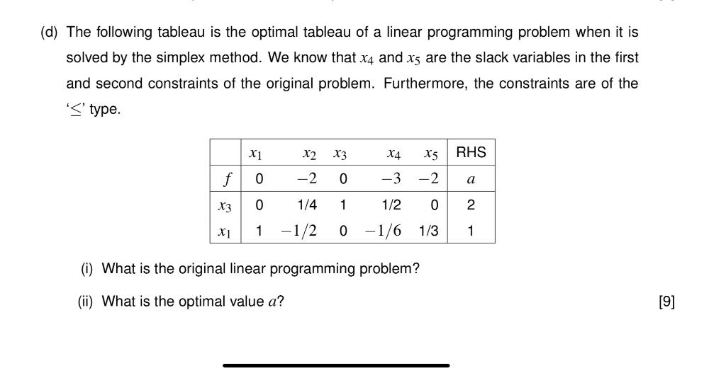 Solved (d) The following tableau is the optimal tableau of a | Chegg.com