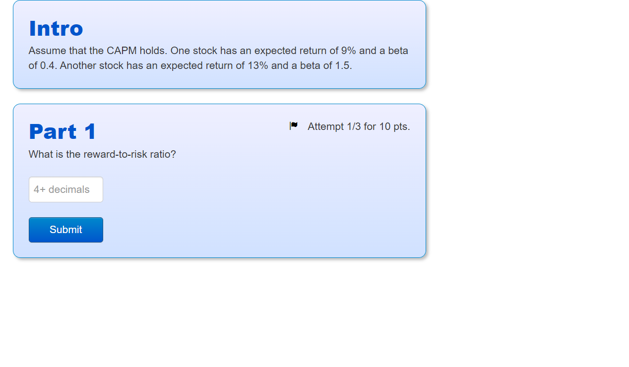 Solved Intro Assume that the CAPM holds. One stock has an | Chegg.com