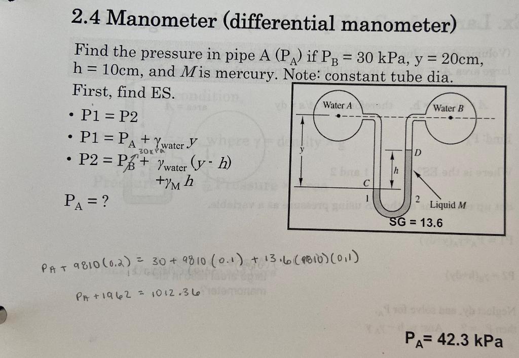 Solved 2.4 Manometer (differential manometer) Find the | Chegg.com