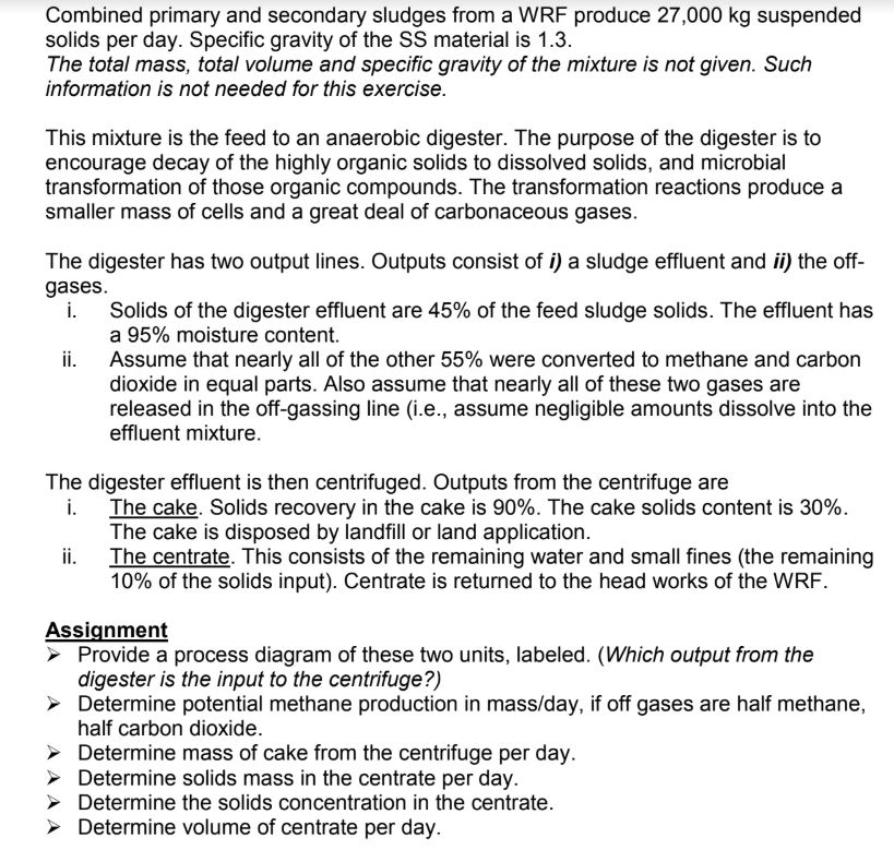 Combined primary and secondary sludges from a WRF | Chegg.com