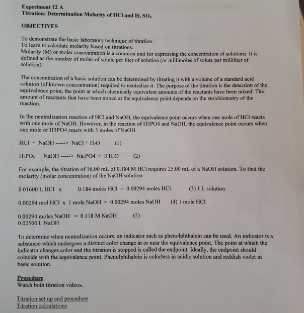 Solved Experiment 12 A Titration: Determination Molarity of | Chegg.com