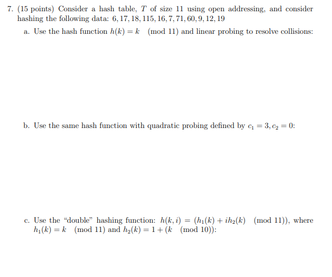 Solved 7. (15 points) Consider a hash table, T of size 11 | Chegg.com