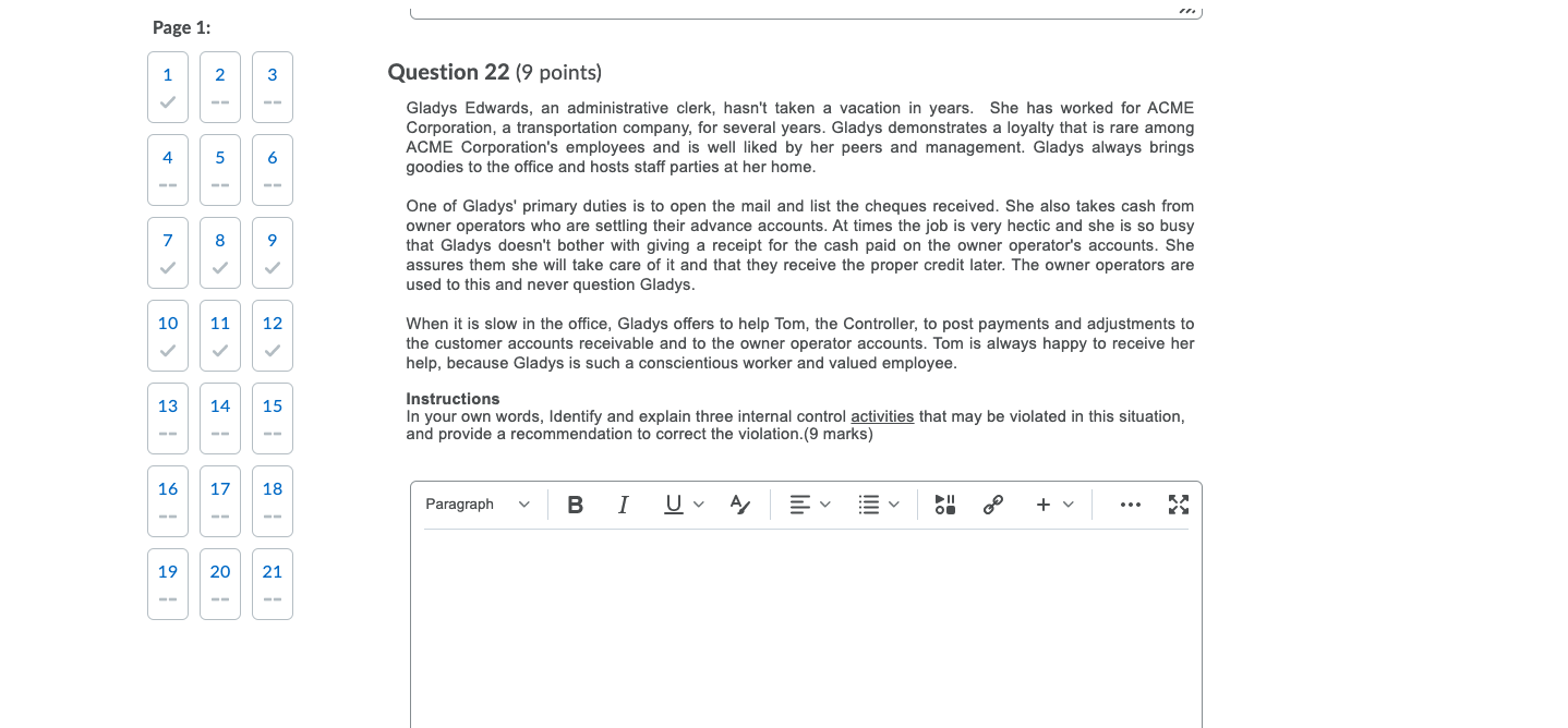 Solved Page 1: 1 1 2 3 i Question 22 (9 points) Gladys | Chegg.com