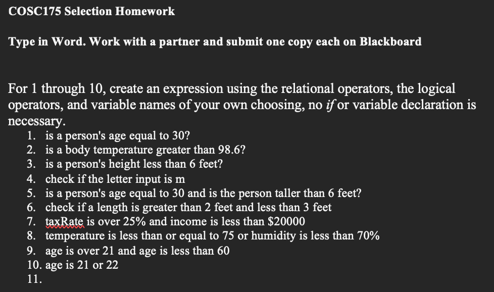 Solved COSC175 Selection Homework Type in Word. Work with a | Chegg.com